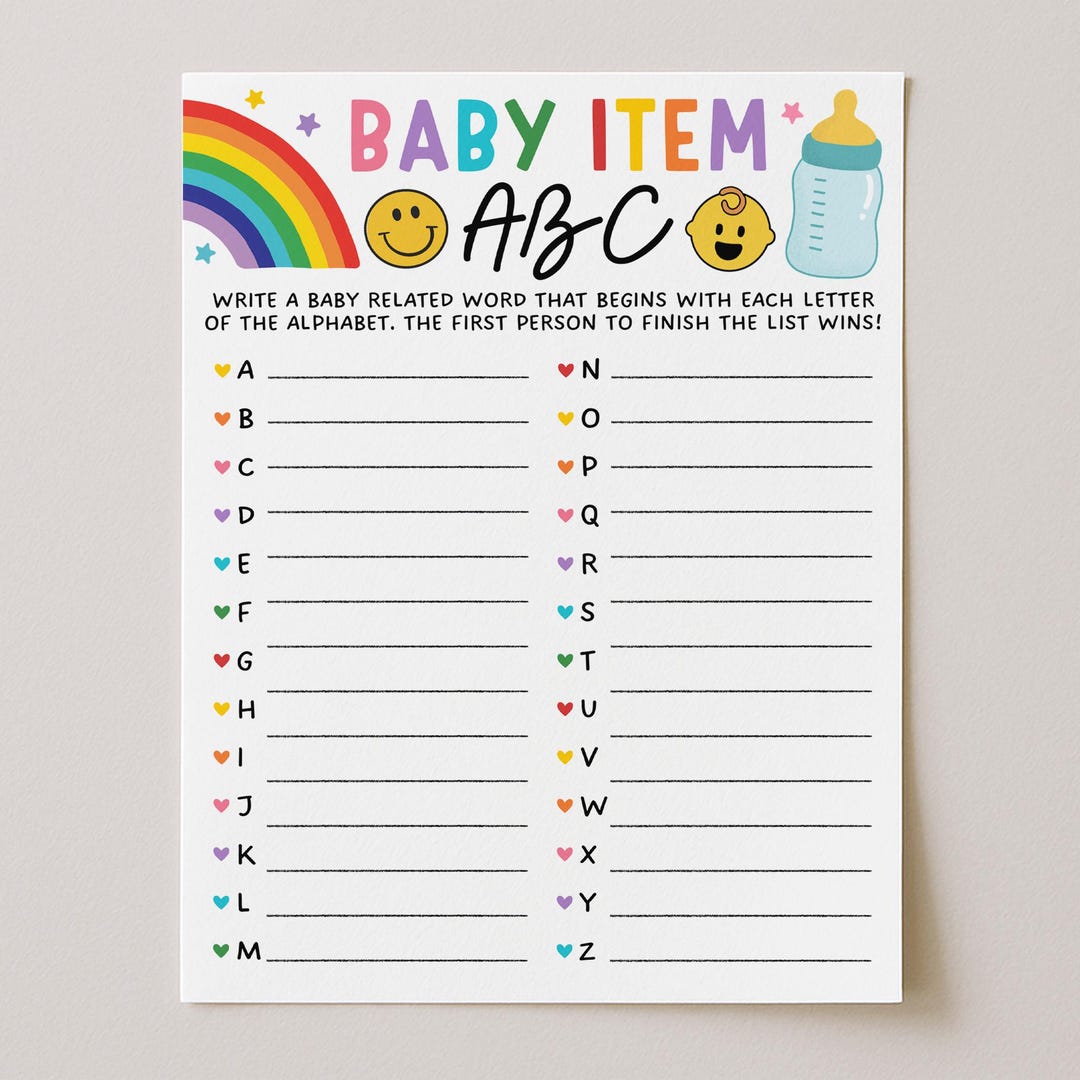 Baby Item ABC Game, Baby Shower A-Z Game Template, Alphabet Baby Item ...