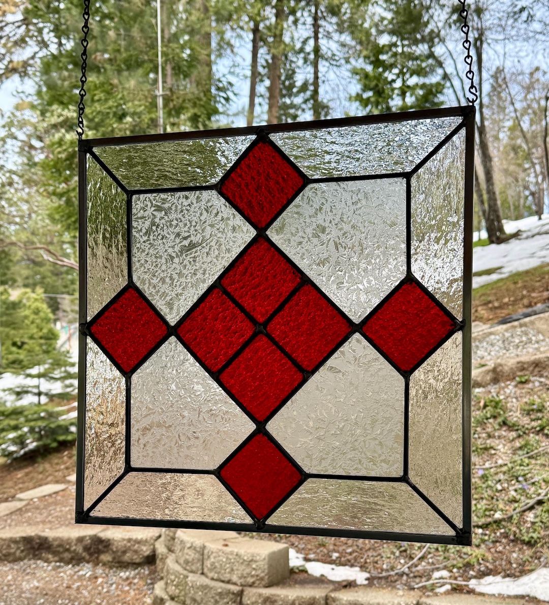 Red Diamond Stained Glass Window Panel - Handmade Leaded Glass-free ...