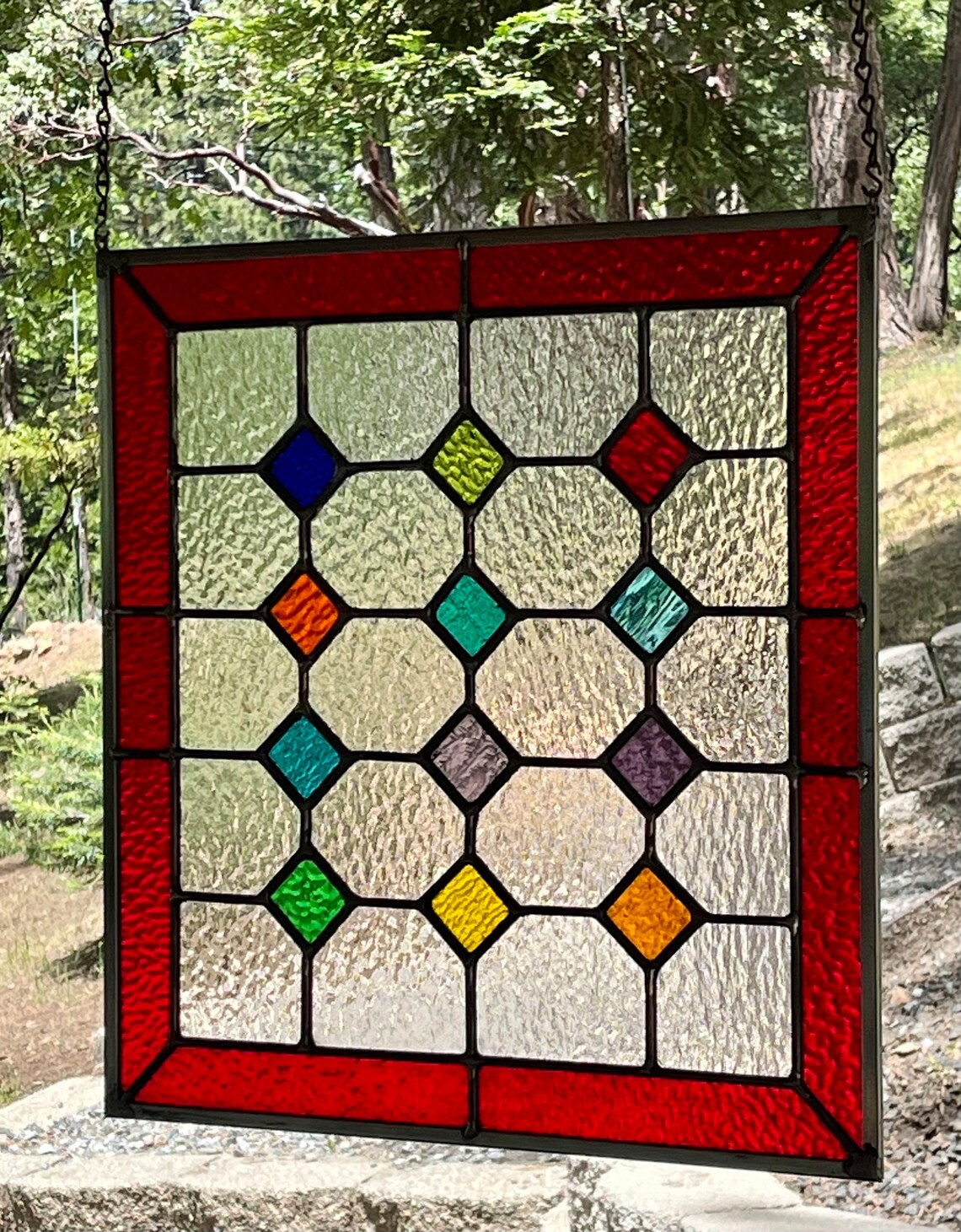 Multi Color Stained Glass Window Panel: Red Border, Handcrafted-free ...