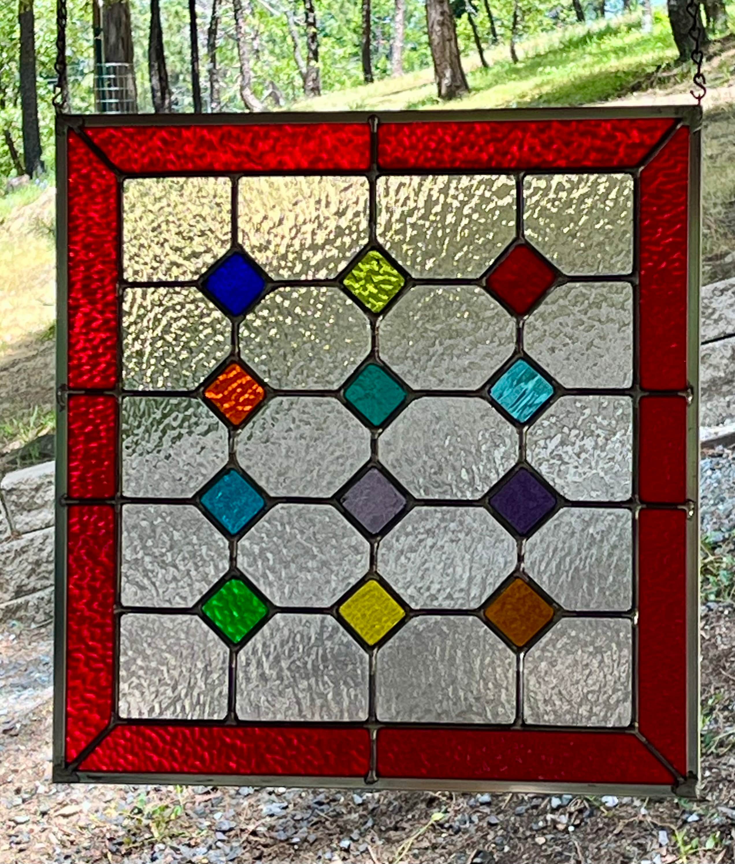 Multi Color Stained Glass Window Panel: Red Border, Handcrafted-free ...