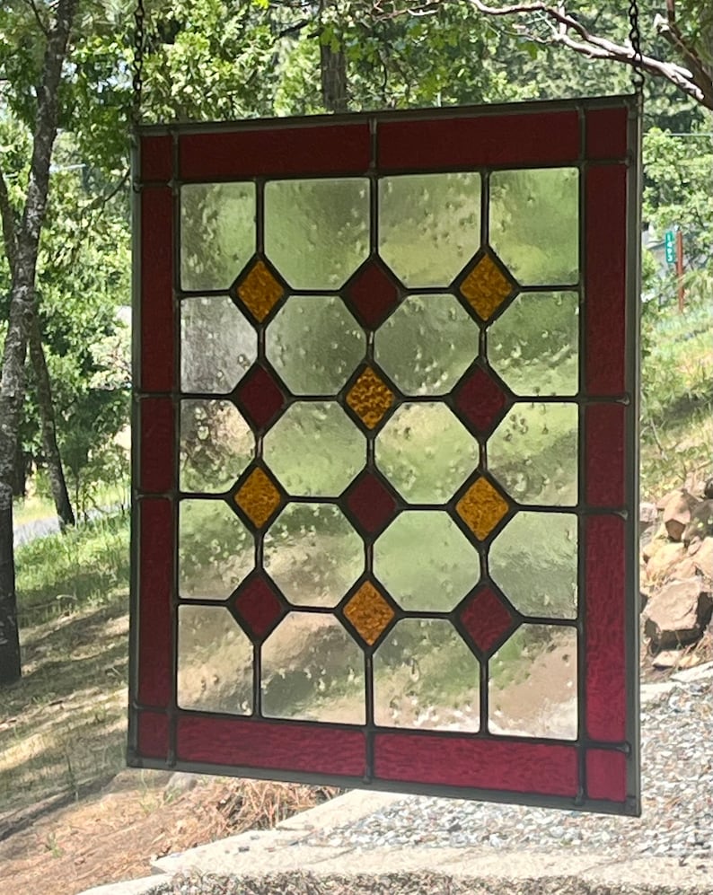 Red and Amber Stained Glass Window Panel: Handcrafted Leaded Glass-free ...
