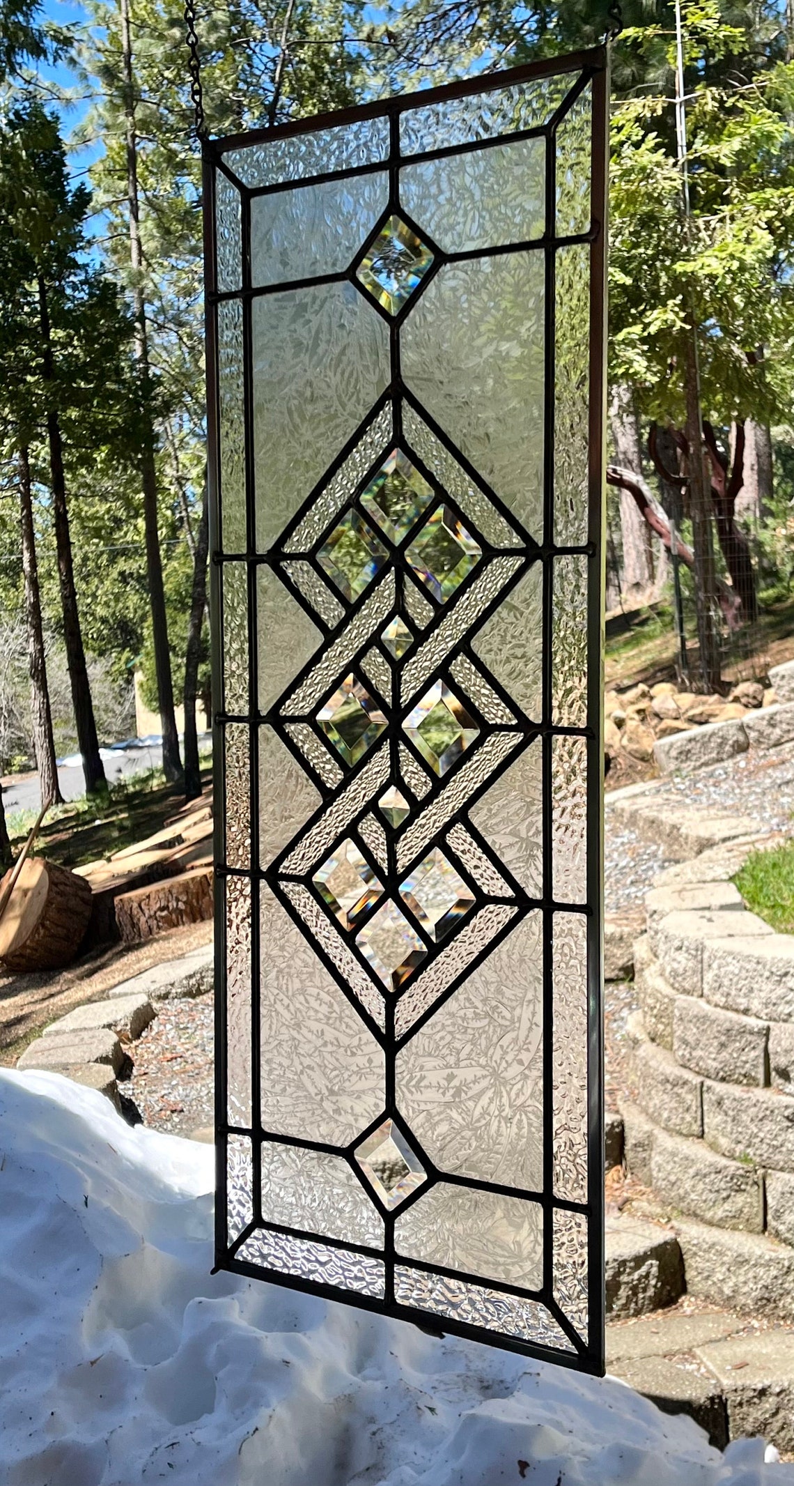Interlocking Diamonds Stained Glass Window Panel: Beveled Accents-free ...