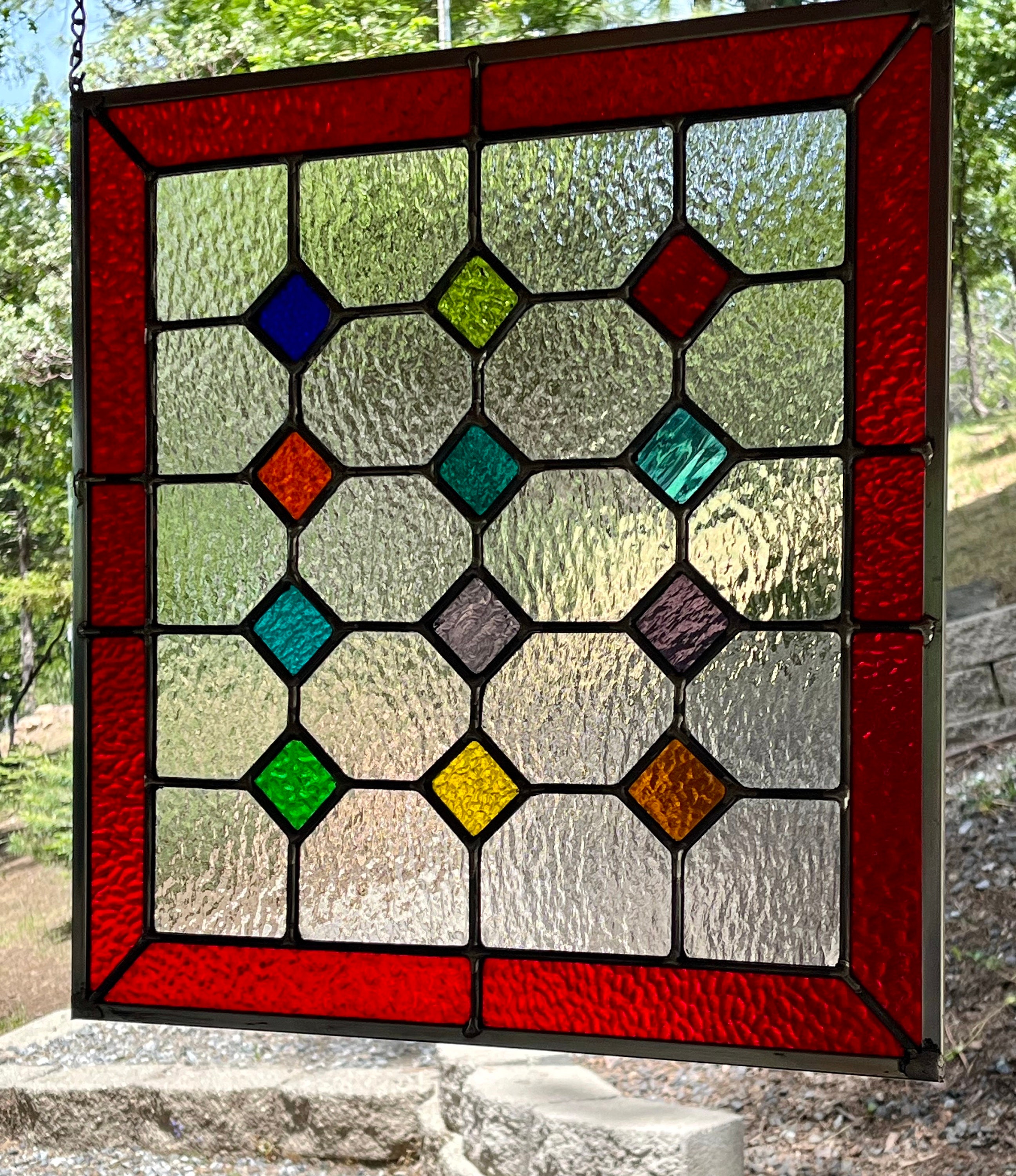 Multi Color Stained Glass Window Panel: Red Border, Handcrafted-free ...