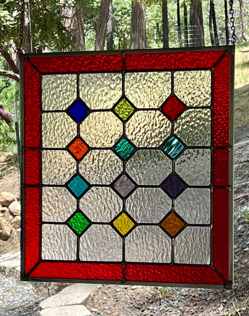Multi Color Stained Glass Window Panel: Red Border, Handcrafted-free ...