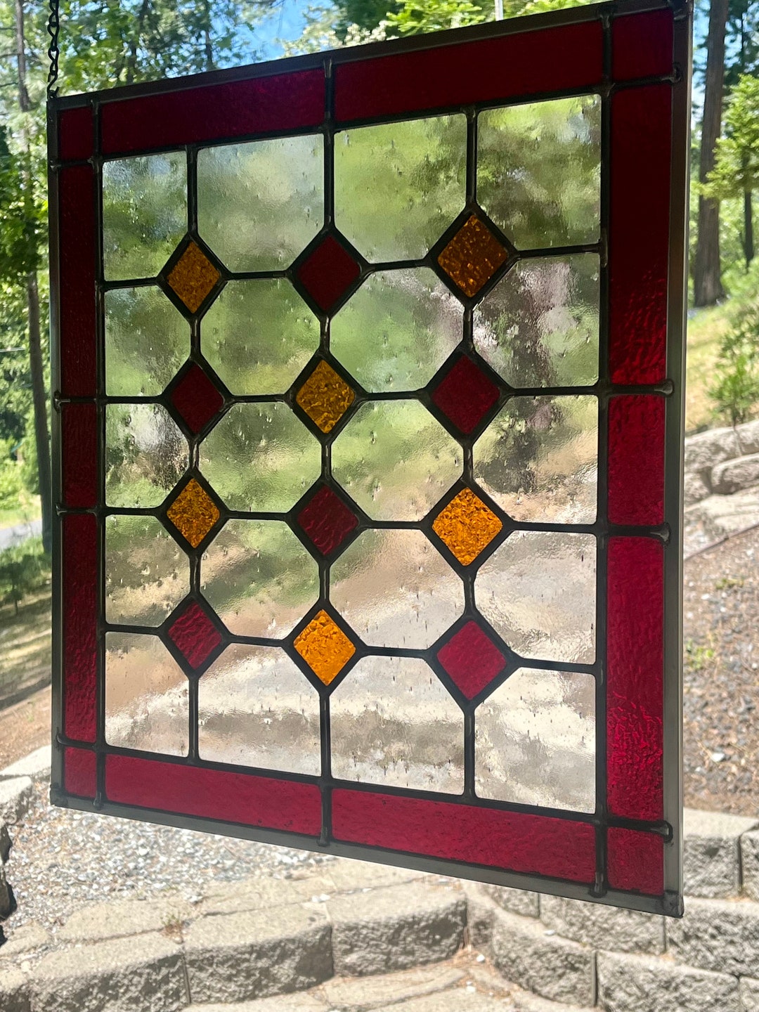 Red and Amber Stained Glass Window Panel: Handcrafted Leaded Glass-free ...