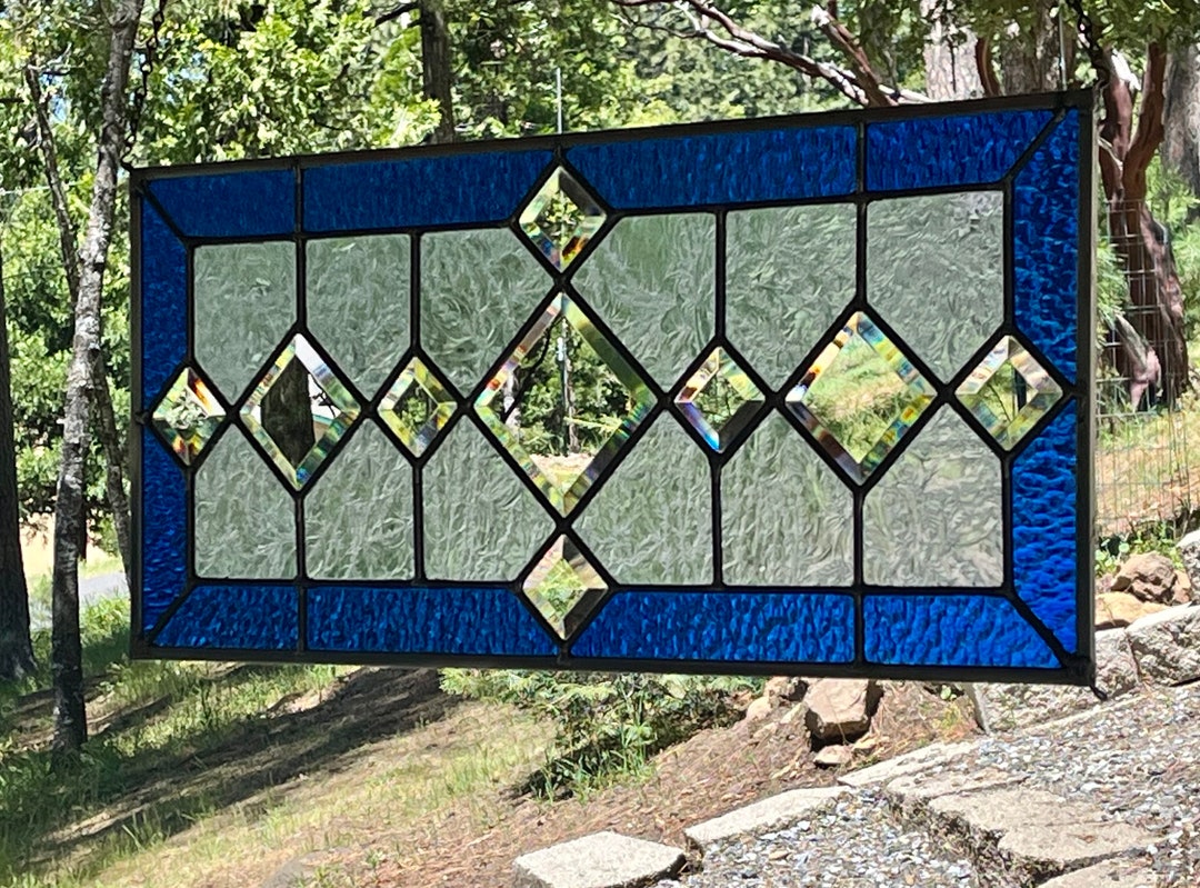 Blue With Diamonds Stained Glass Window Horizontal or Vertical Display ...