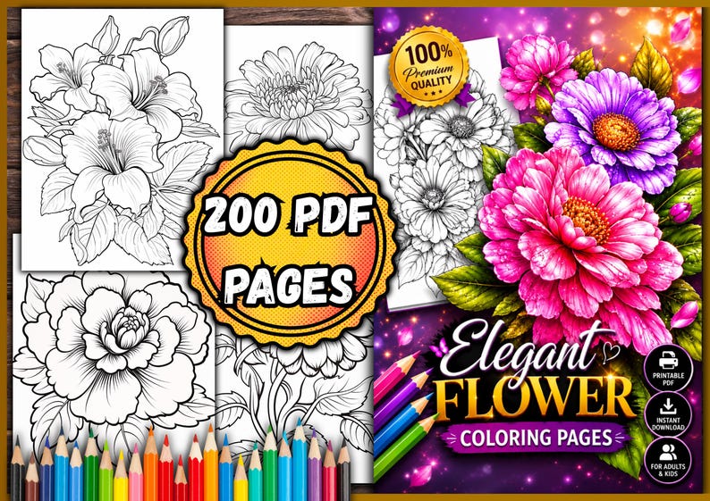 200 Elegant Flower Coloring Pages - Adults and Kids Coloring Book ...
