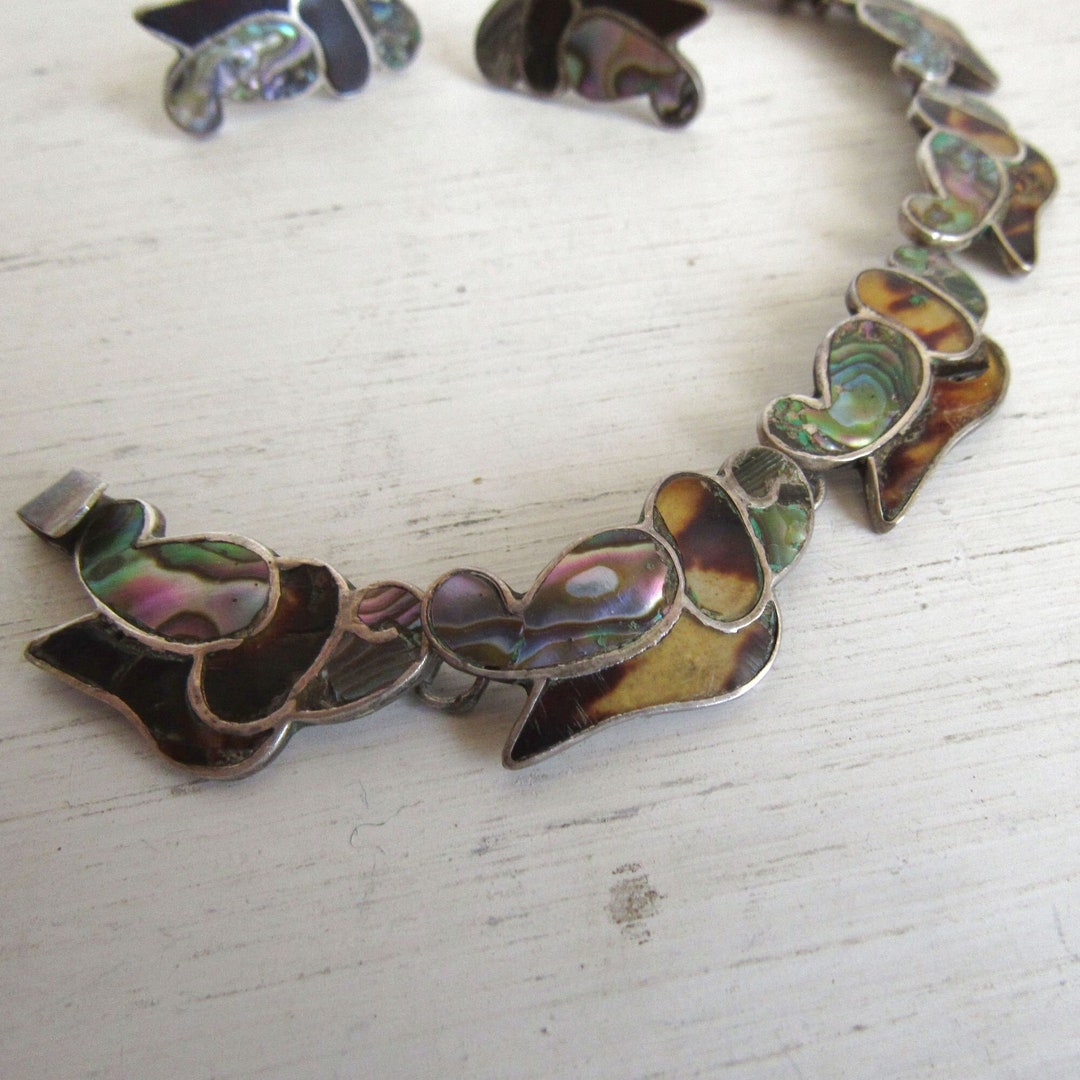 Abalone Tortoise Shell Bracelet and Earrings Set Taxco LS Silver Boho ...