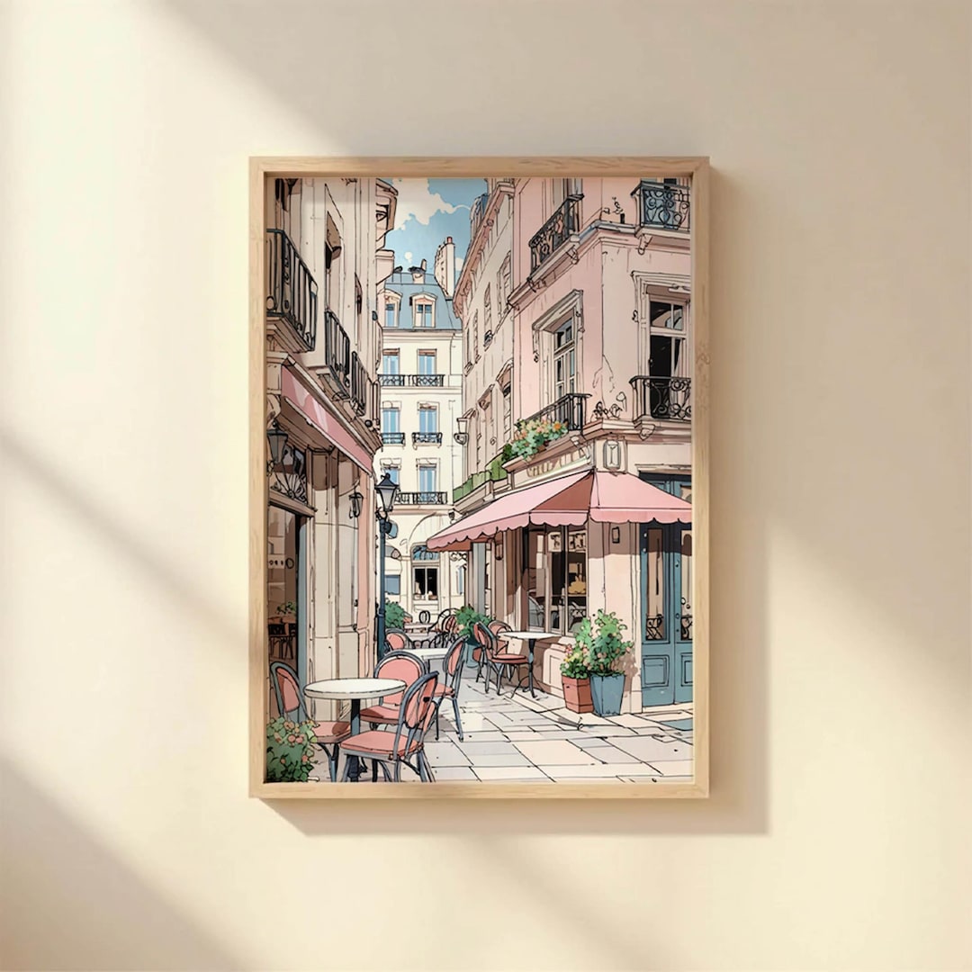 Paris Street Café Wall Art Print, French Bistro Illustration, Romantic ...