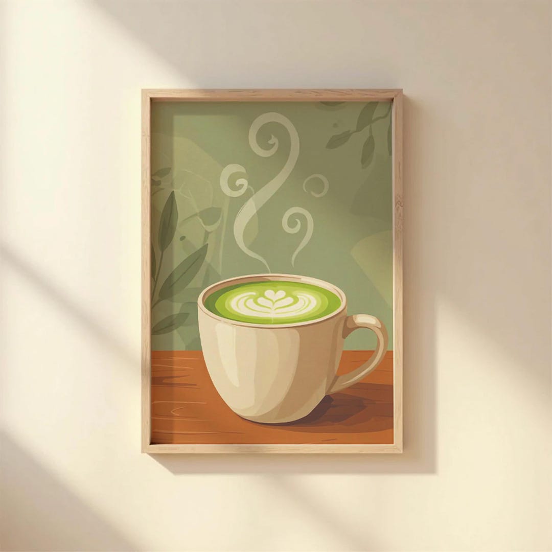 Matcha Latte Art Print, Green Tea Wall Art Digital Download, Cozy Cafe ...