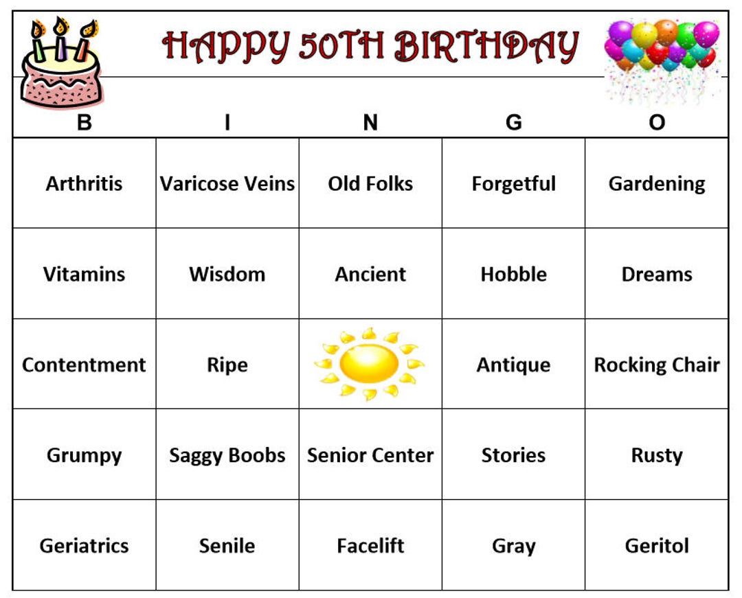 50th Birthday Party Bingo Game 60 Cards Old Age Theme Bingo Words very Funny Print and Play Male ...