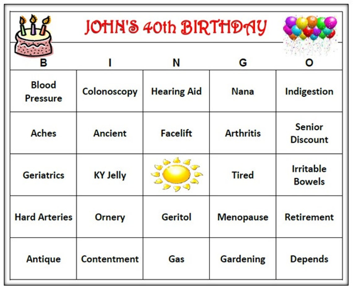 Personalized 40th Birthday Party Bingo Game funny Age Themed Bingo ...