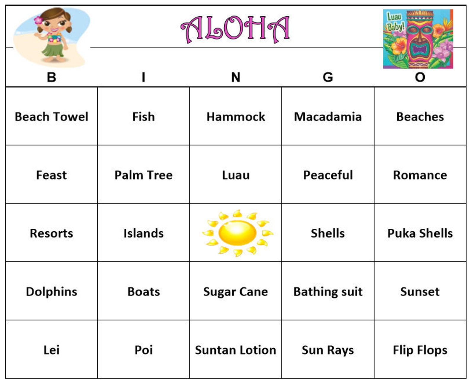 Hawaiian Party Bingo-fun Luau Game, for Graduation or Birthday Party ...