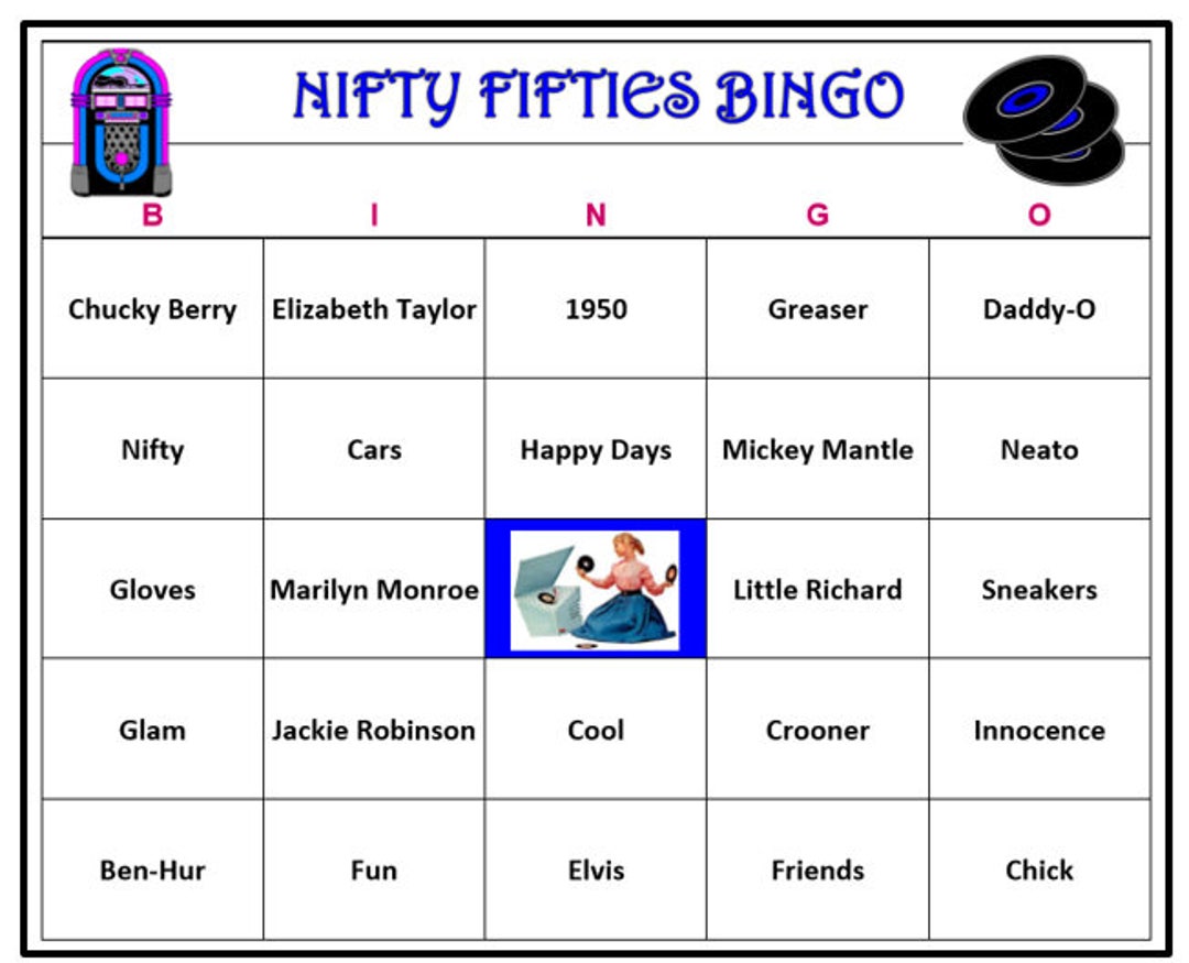 1950s Fifties Party Bingo-happy Days Game, 50s Pop Culture, Music. Fun ...