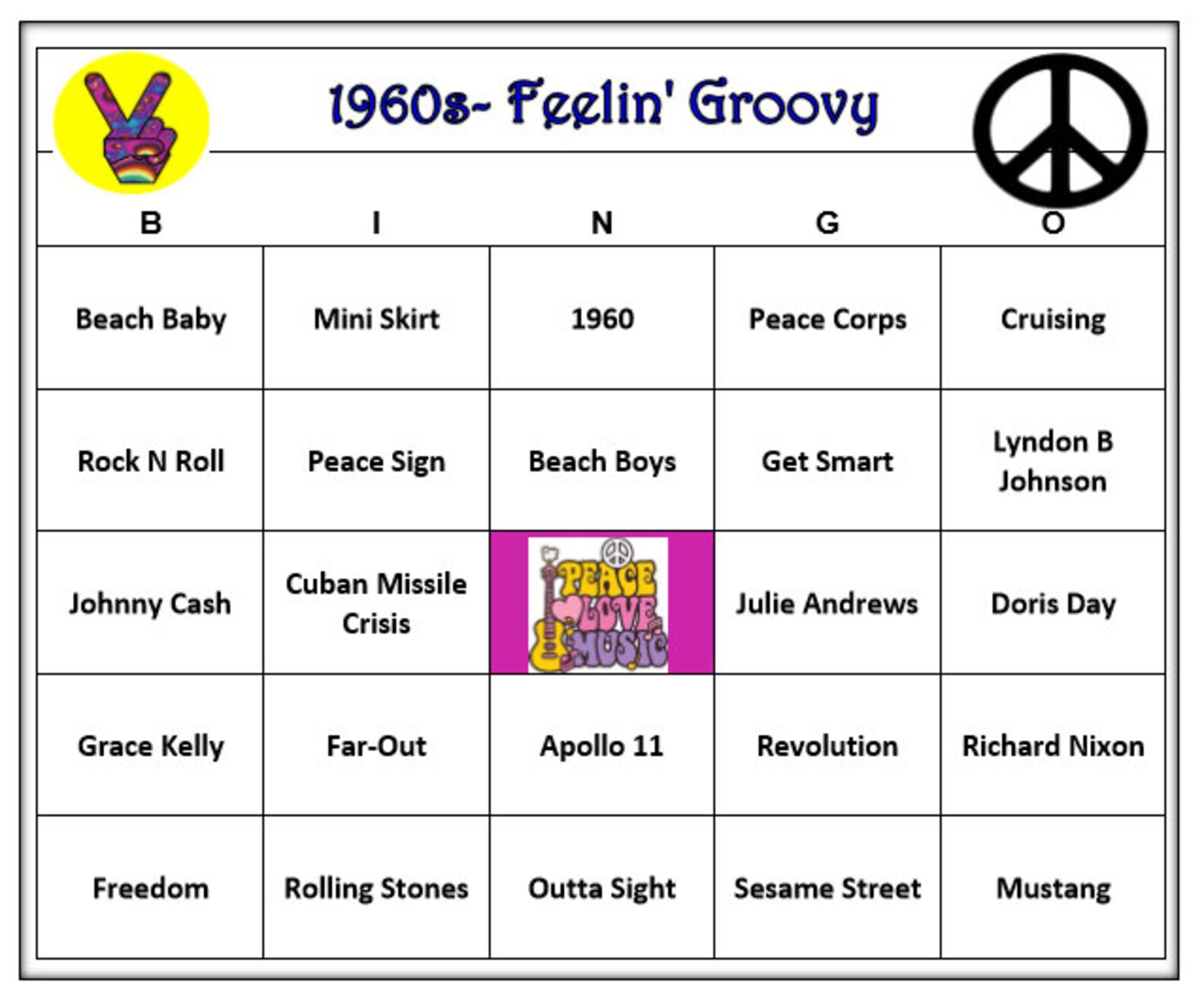 1960s Sixties Party Bingo Game 30 Cards 1960s Pop Culture. Music, Slang ...