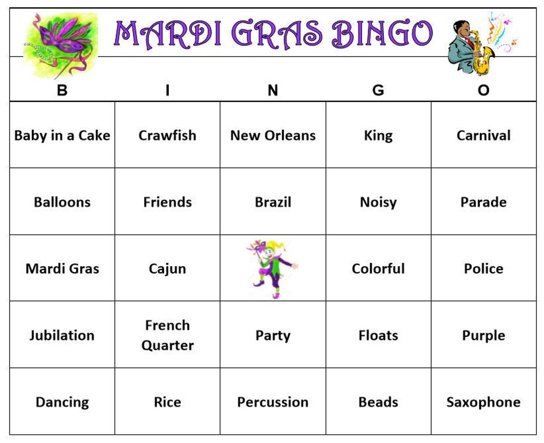 Mardi Gras Party Bingo Game Carnivale Mardi Gras Bingo Words kid ...