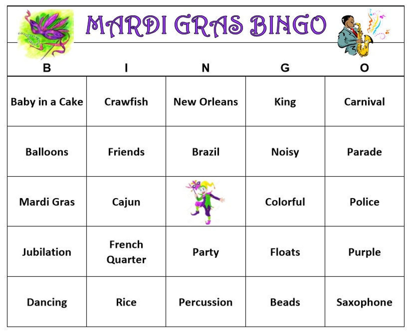 Mardi Gras Party Bingo Game Carnivale Mardi Gras Bingo Words - Etsy