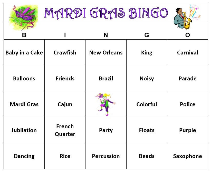 Mardi Gras Party Bingo Game Carnivale Mardi Gras Bingo Words kid ...
