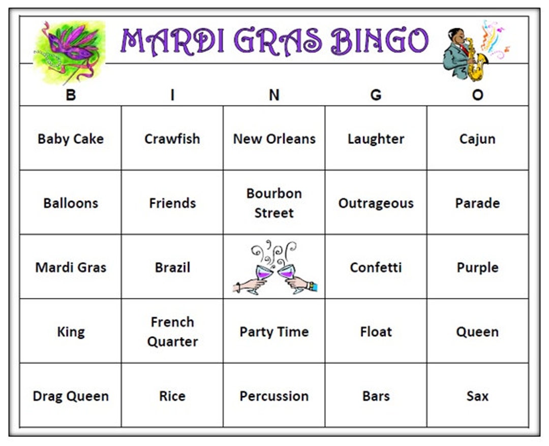 Mardi Gras Party Bingo Game Carnivale Mardi Gras Bingo Words very Fun ...