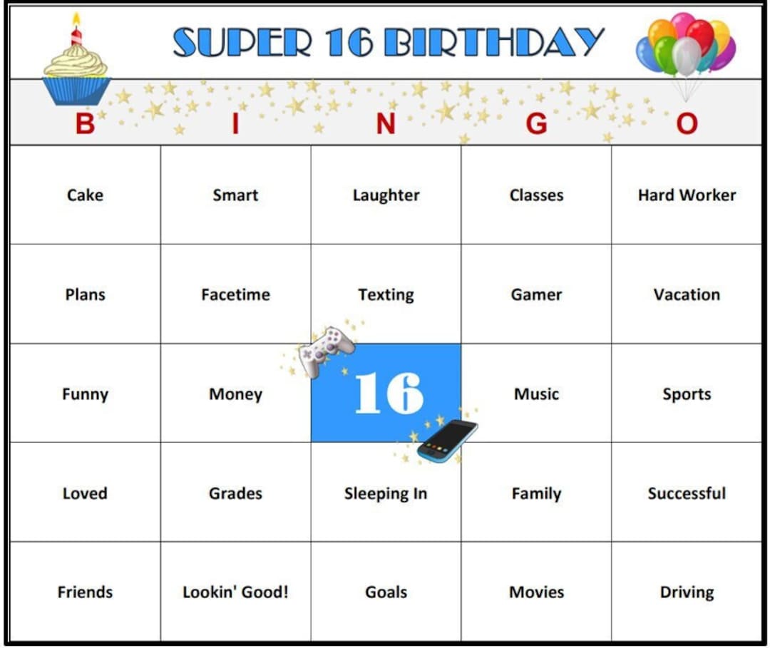 Super 16 Birthday Party Bingo Game male Version of Sweet 16 Bingosuper ...