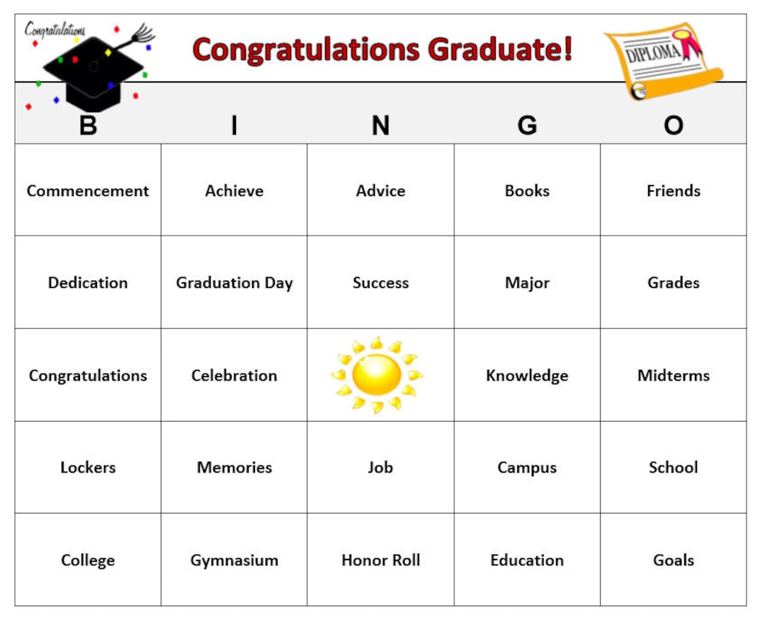 Graduation Party Bingo Game 30 Cards Graduation and School Theme Bingo ...