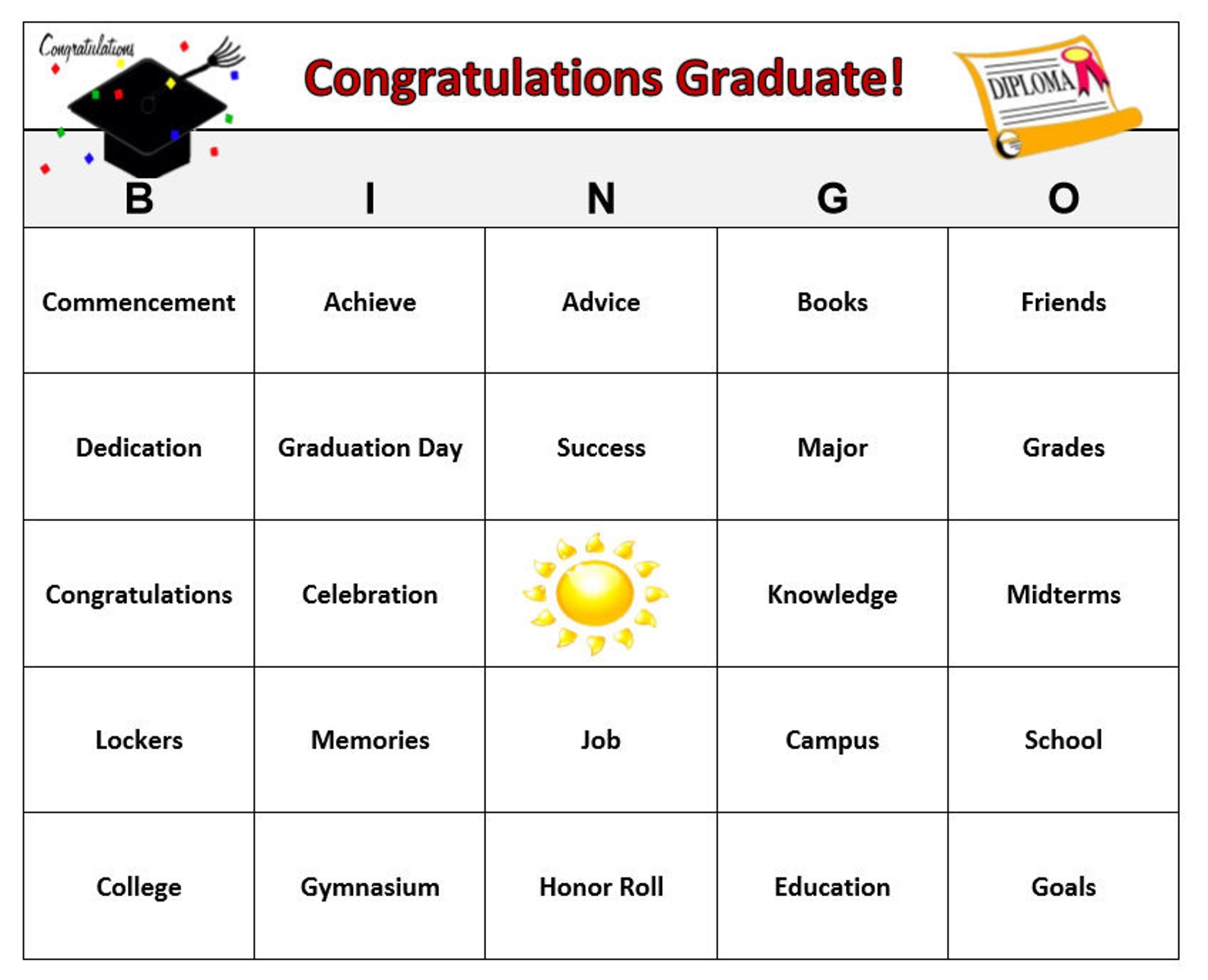 Graduation Party Bingo Game 30 Cards Graduation and School Theme Bingo ...