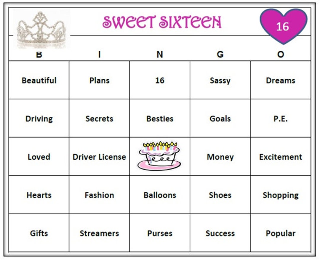 Sweet 16th Birthday Bingo Game – Fun Birthday Party Activity for Teens ...