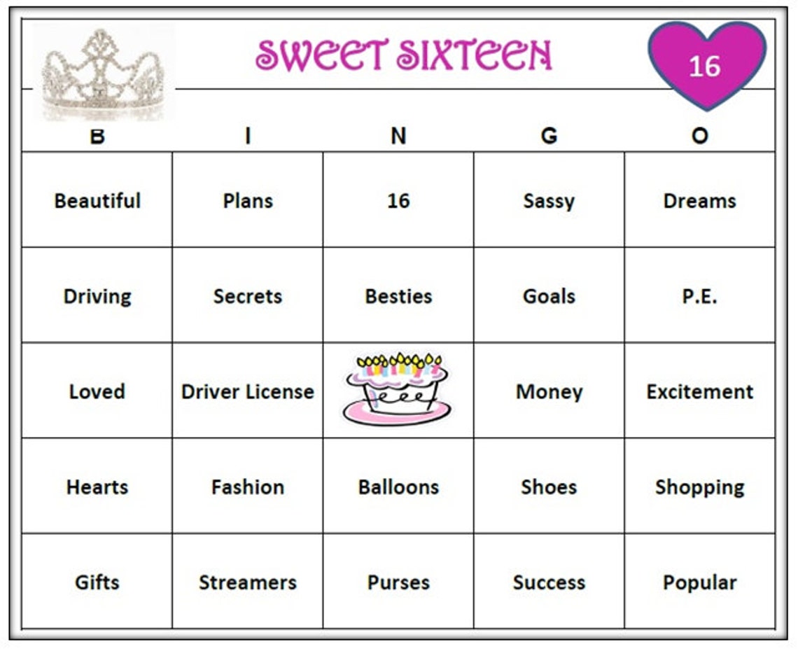 Sweet 16 Birthday Party Bingo Game 60 Cards Fun and Easy to Play ...