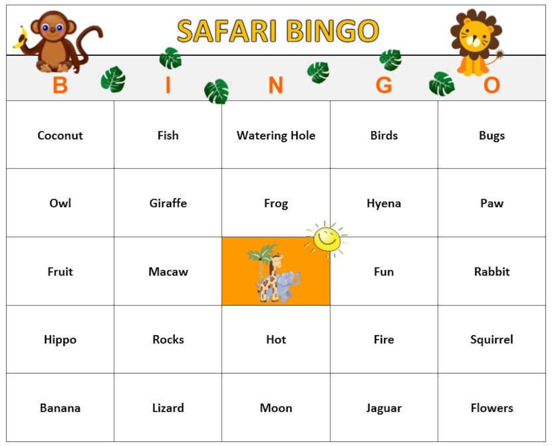 Safari Party Bingo Game for Kid's Birthday Party. Fun Wild Animal Theme ...