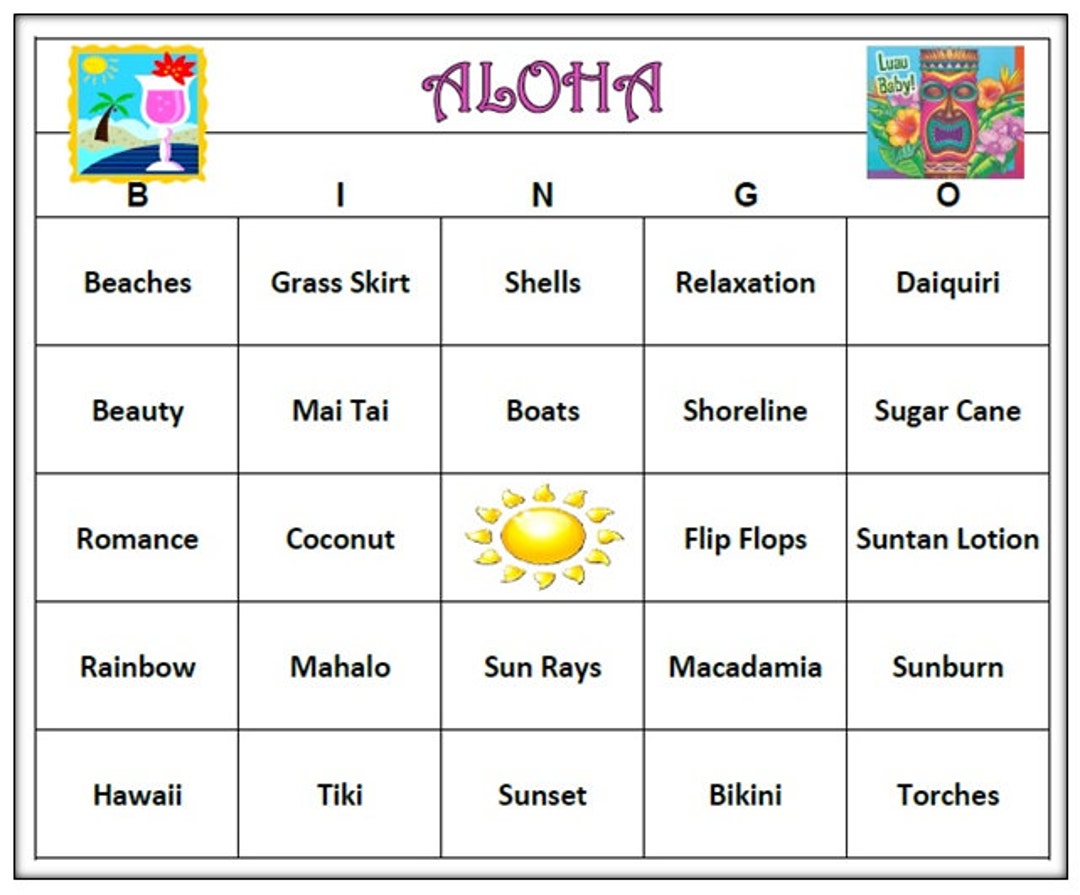 Aloha Luau Hawaiian Party Bingo Game hawaiian Bingo Words very Fun Easy ...