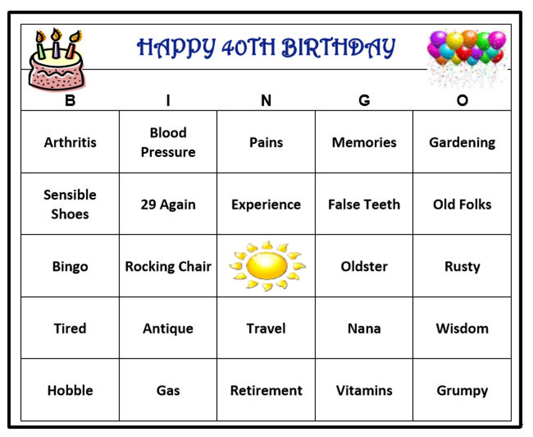 Funny 40th Birthday Bingo: Celebrate Aging With Laughter, Download ...