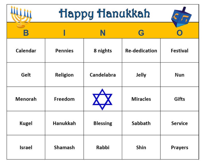 Happy Hanukkah Bingo Game 30 Cards Celebrate Jewish Traditions, Family ...