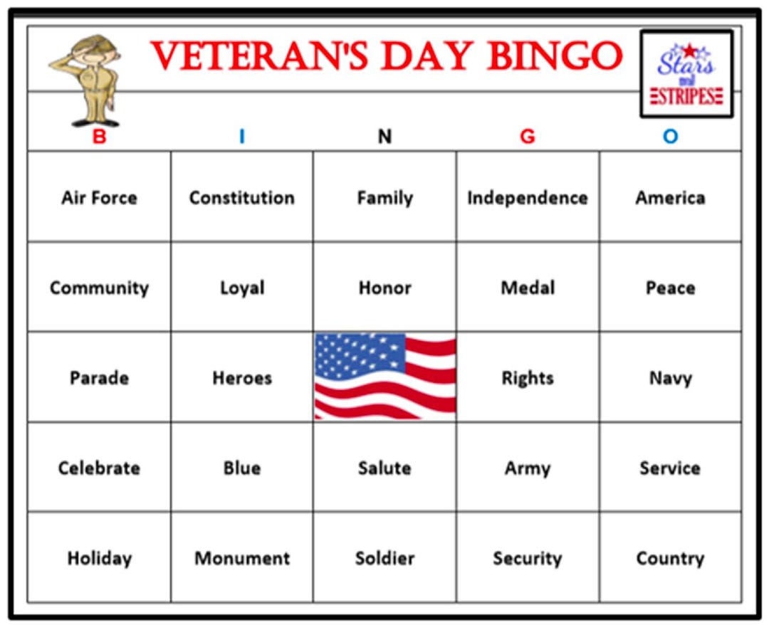Veteran's Day Bingo Game Celebrate Veterans Classroom Activity, Senior ...