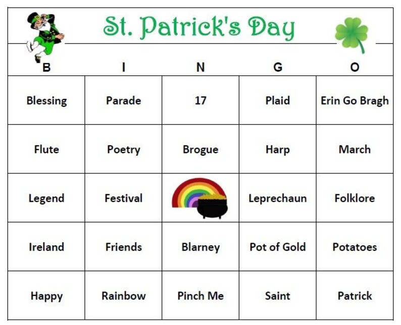 St. Patrick's Day Party Bingo Game 30 Cards St Patricks - Etsy