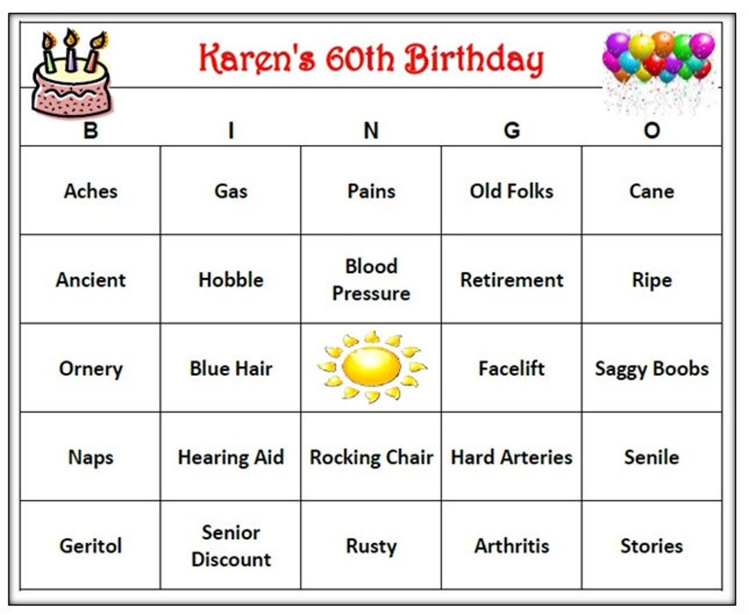 Personalized 60th Birthday Party Bingo Game Age Themed Bingo - Etsy