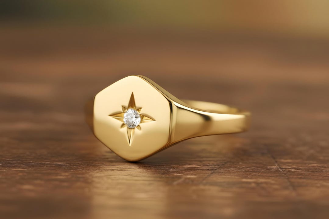 14k Gold Hexagon Signet Ring · Star Engraved Cubic Zircon Ring ...