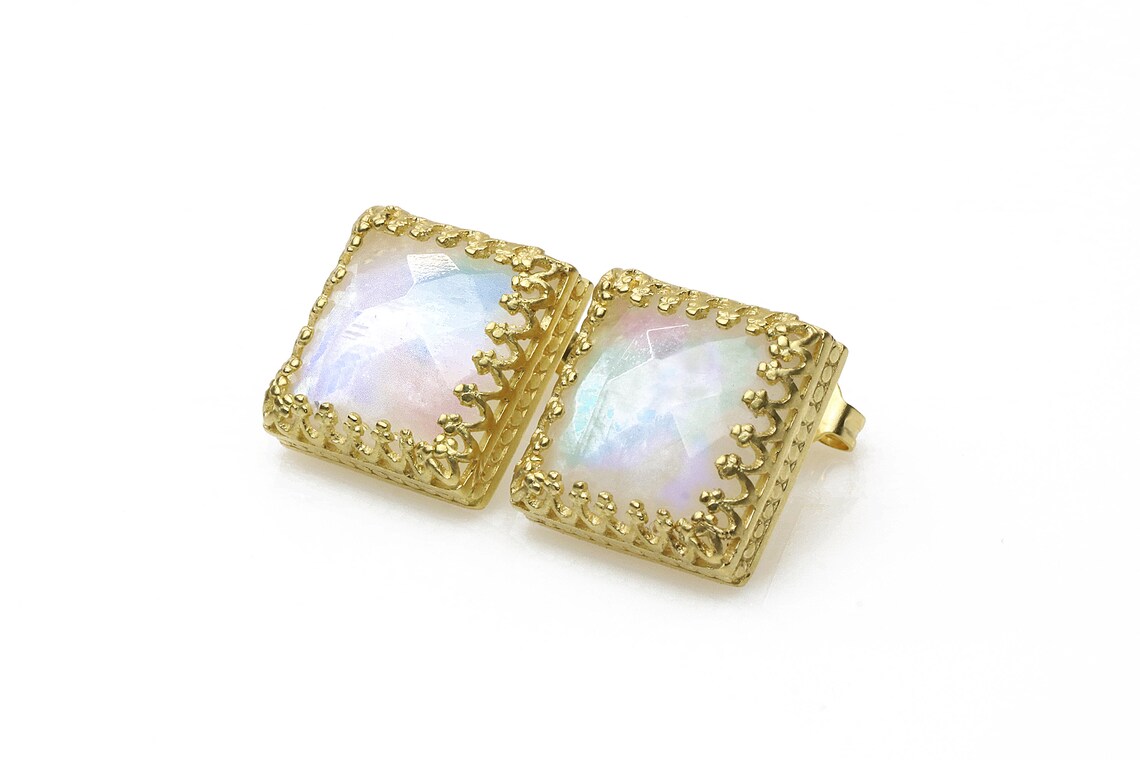 Square Moonstone Earrings · Gemstone Earrings · Gold Earrings · Gold ...