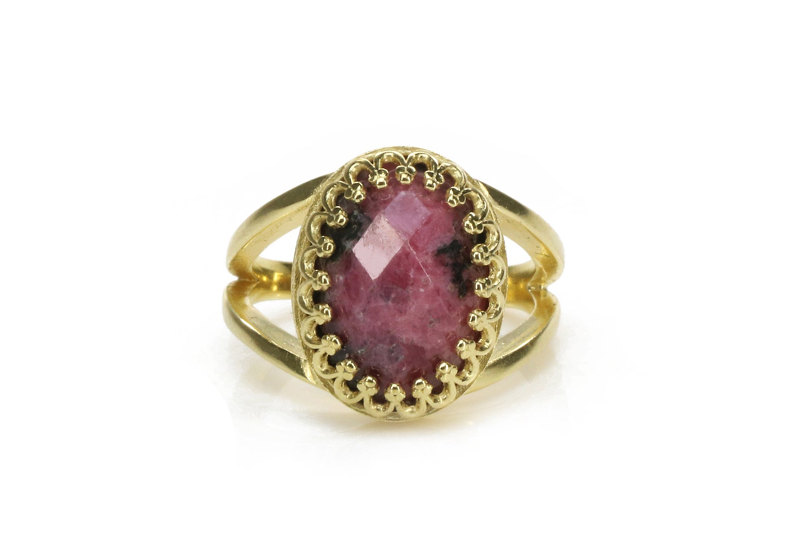 Pink Rhodonite Ring · Faceted Oval Cut Ring · 14k Solid Gold Ring ...