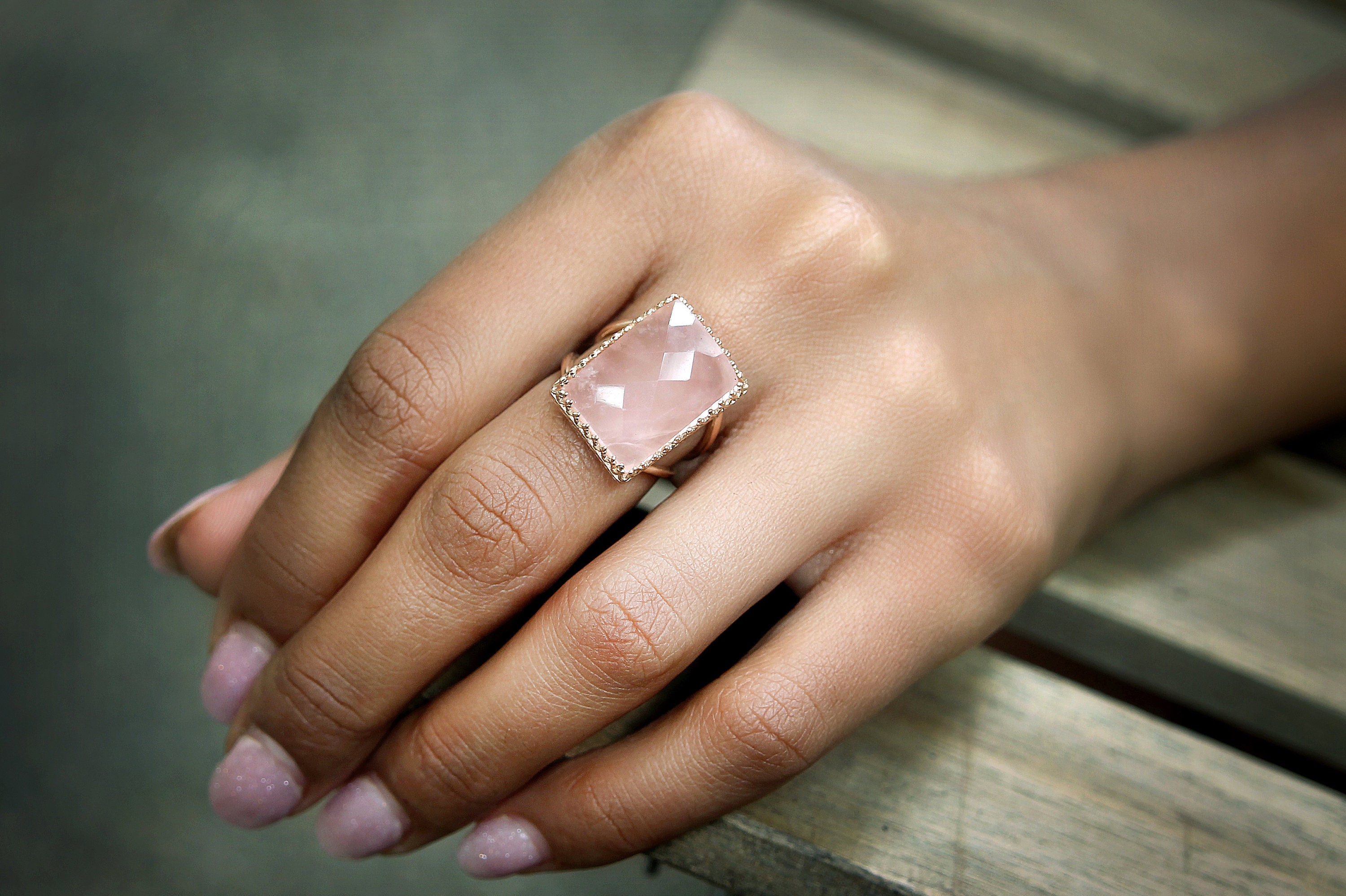 Rose Quartz Ring · Love Stone Ring · Silver Ring · Rectangular Ring ...