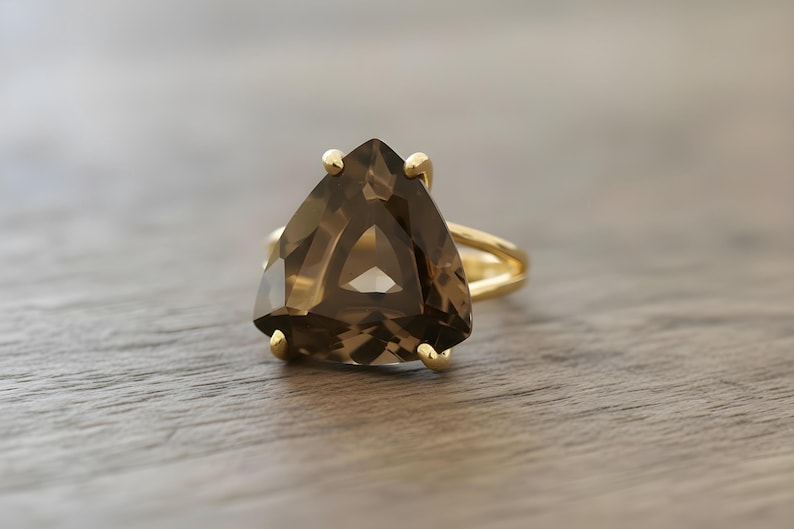 Trillion Cut Smoky Quartz Ring · 14k Gold Vermeil Ring · Split Band ...