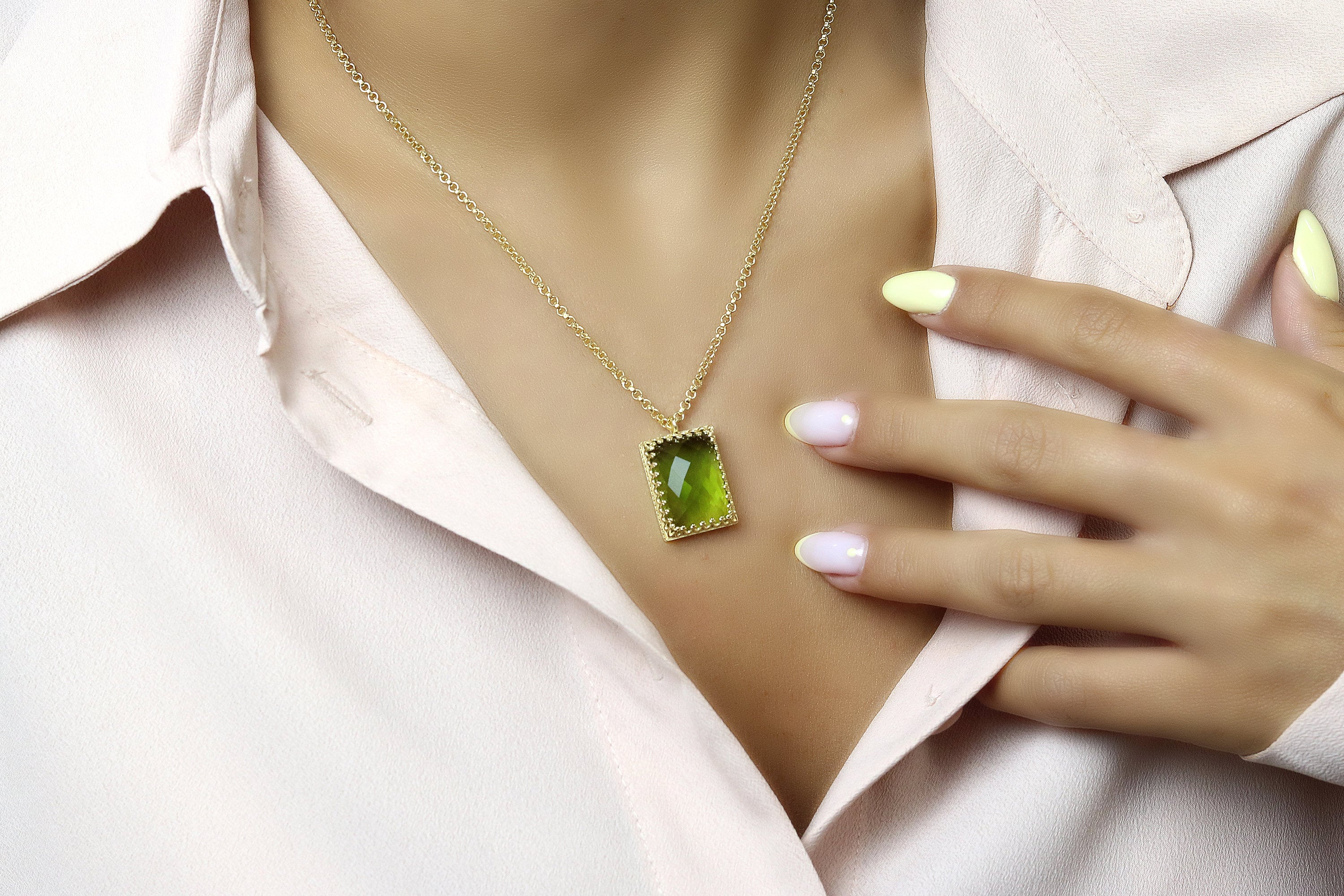 Peridot Necklace Long Rectangle Necklace Green Pendant | Etsy