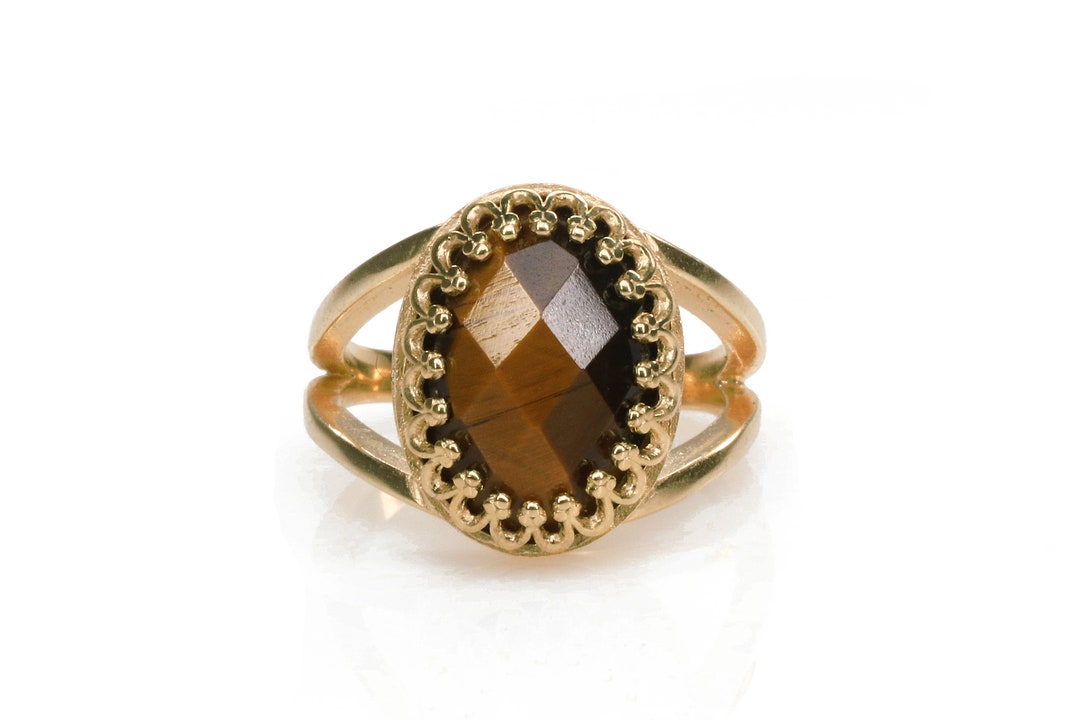 Unique Oval Cut Tiger Eye Ring · 18k Rose Gold Filled Ring · Oval Crown ...