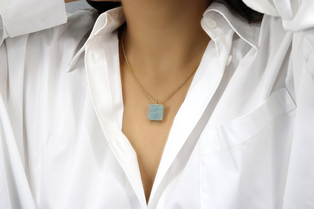 Aquamarine Square Necklace · March Birthstone Necklace · Long Square ...