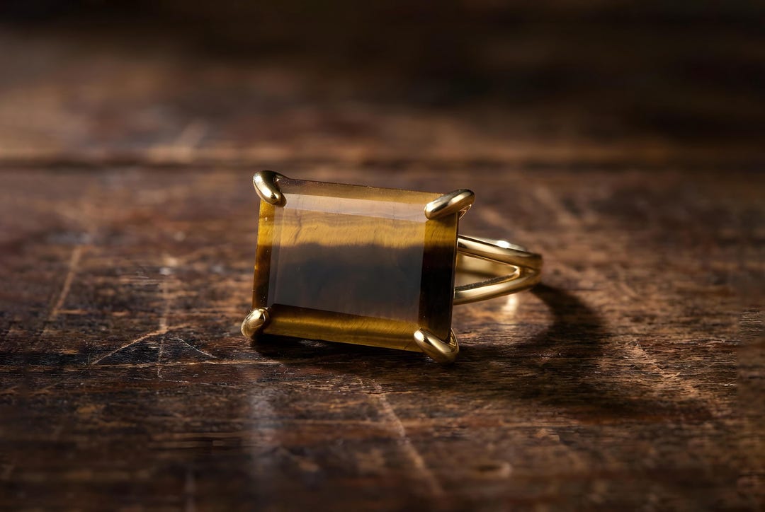 Rare Natural Tiger Eye Rectangle Cut Ring · Yellow Gold Custom Gemstone ...