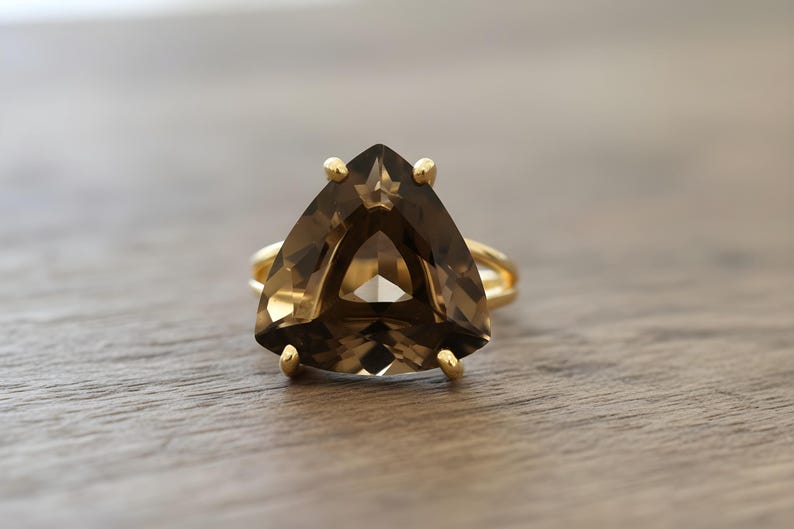 Trillion Cut Smoky Quartz Ring · 14k Gold Vermeil Ring · Split Band ...
