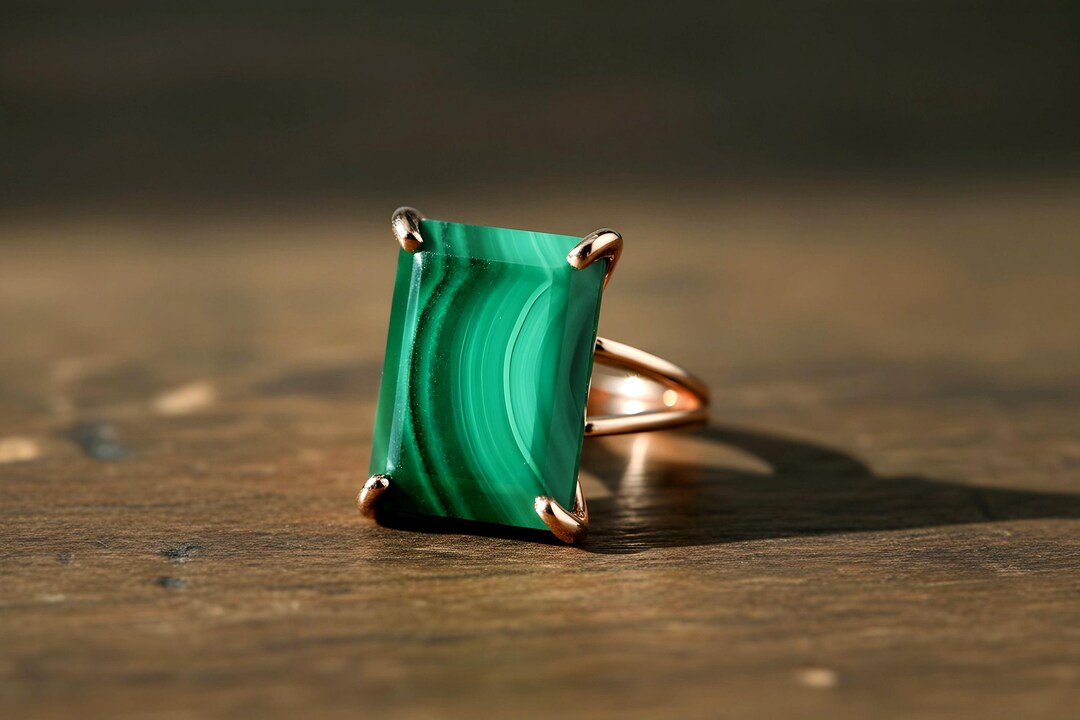 Rare Rectangular Rose Gold Malachite Ring · Rectangle Gemstone ...