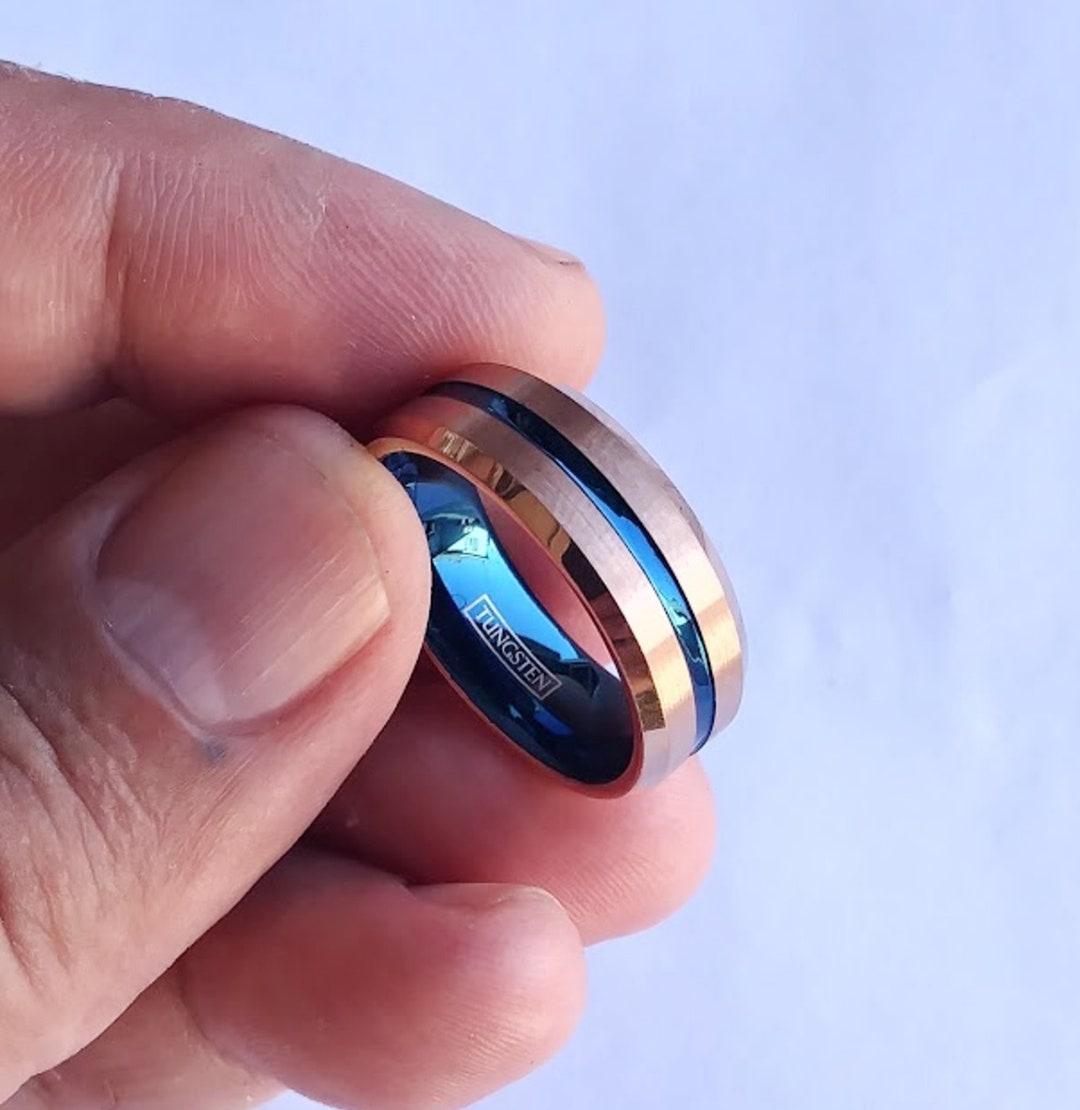 Tungsten Ring Men, Blue Tungsten Ring, Tungsten Carbide Ring, Rose Gold ...