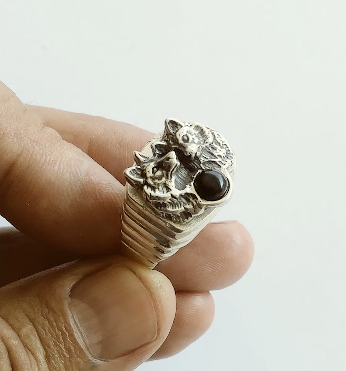 Wolf Family Ring Silver Wolf Ring Wolf Ring Onyx Wolf Ring | Etsy