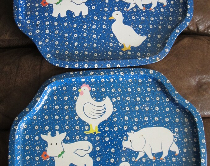 Set of Two Large Metal Trays, Farm Animals, Blue Design - Etsy