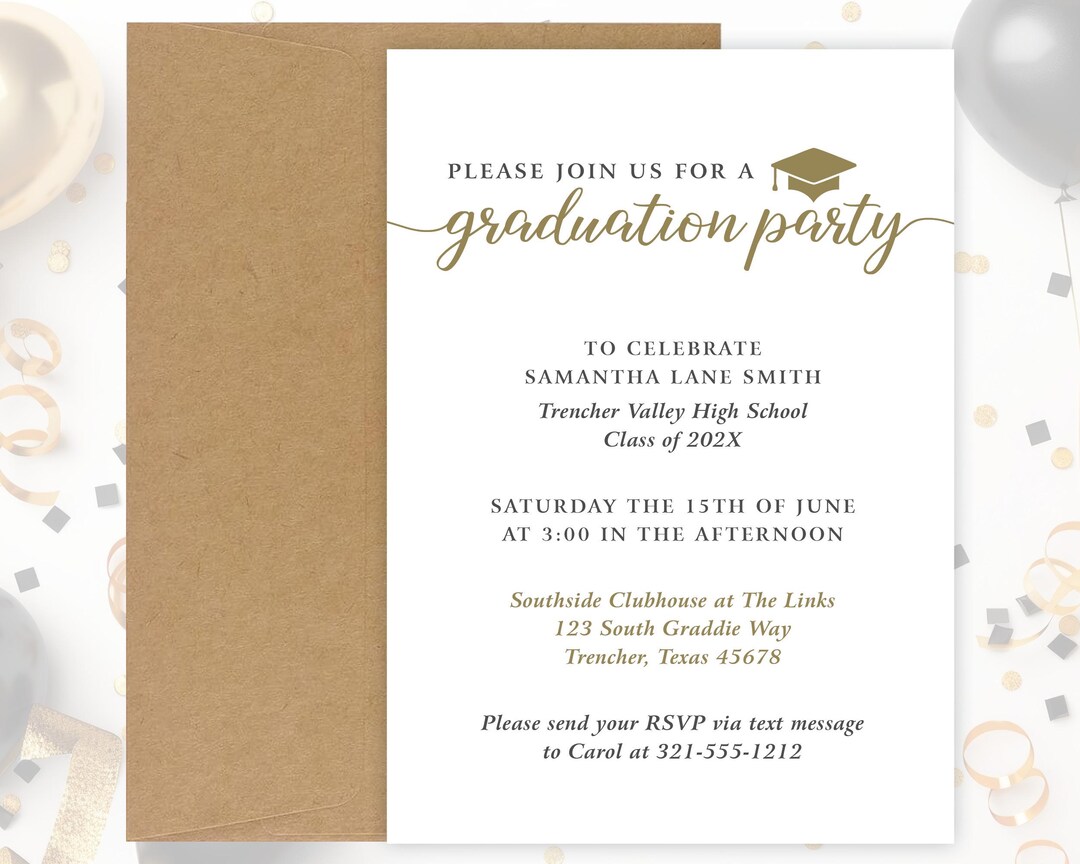 5x7 Graduation Party Invitations (in Gold or School Colors) | Printable ...